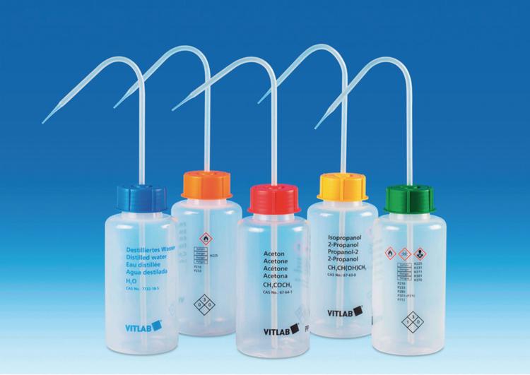 VITLAB Safety Washing Bottle 500 ml Wide Neck, PP, GL 45, Acetone with VENT CAP Screw Connection ...